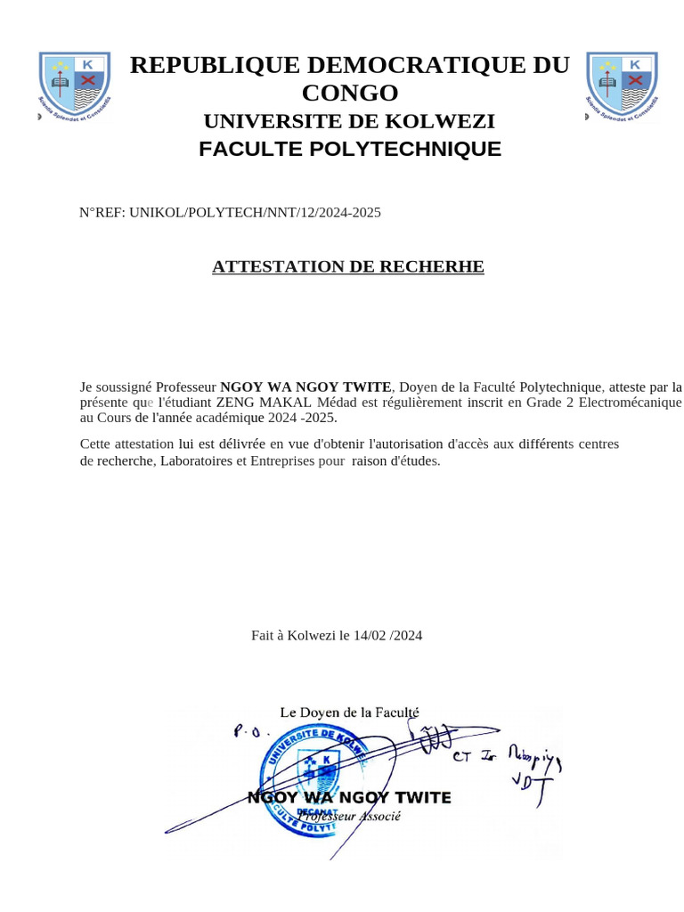 Attestation et Demande de Stage Unikol | PDF
