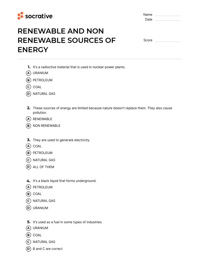 Energy Quiz: Renewable vs Non-Renewable | PDF | Renewable Energy ...