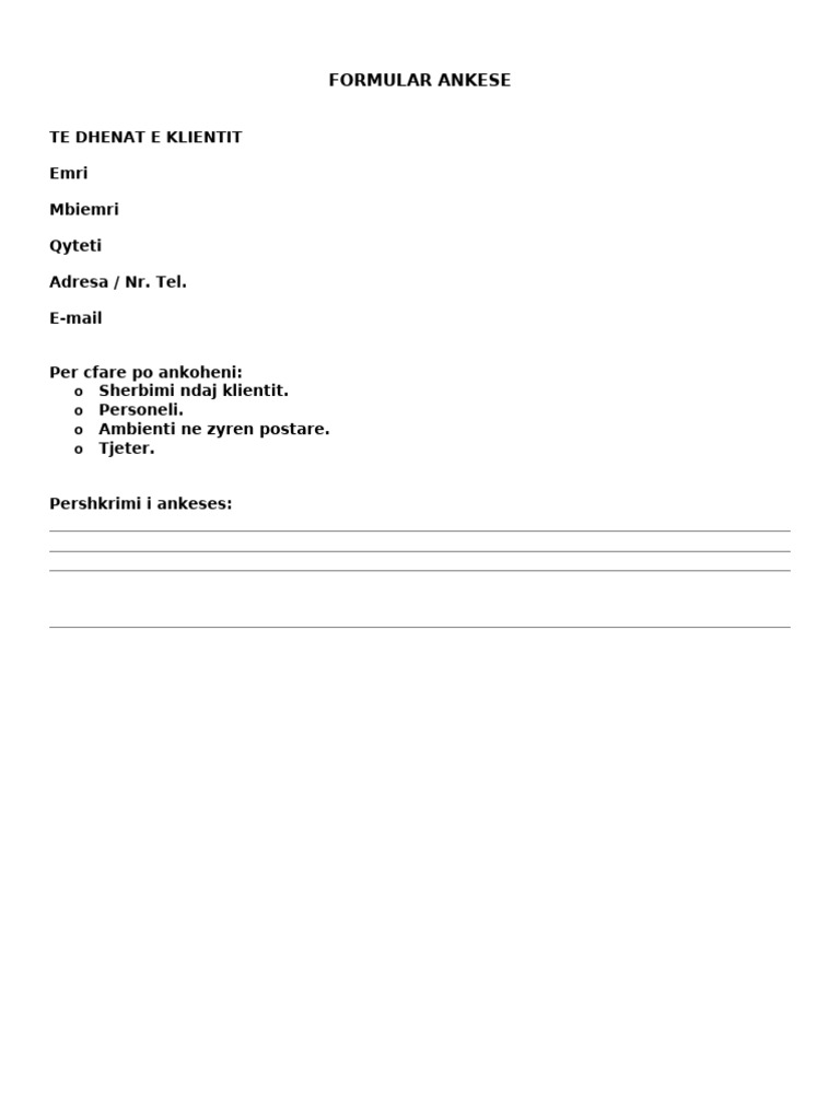 Formular Ankese: Te Dhenat E Klientit Emri Mbiemri Qyteti Adresa / Nr ...