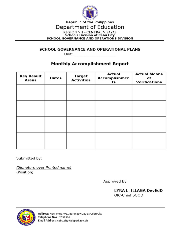 Monthly Accomplishment Report Template | PDF