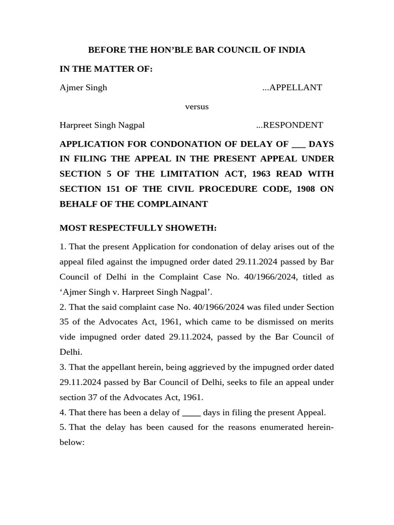 Application For Condonation of Delay | PDF | Appeal | Common Law