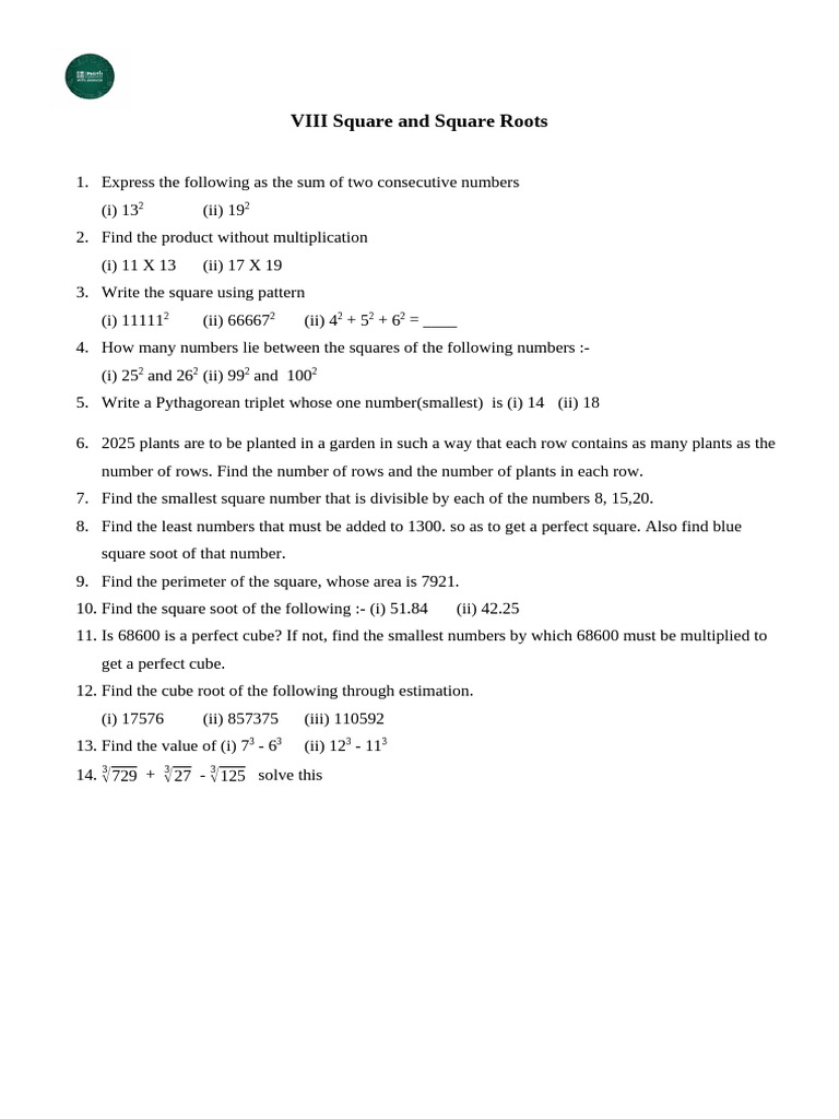 VIII Square and Square Roots | PDF | Square Root | Numbers