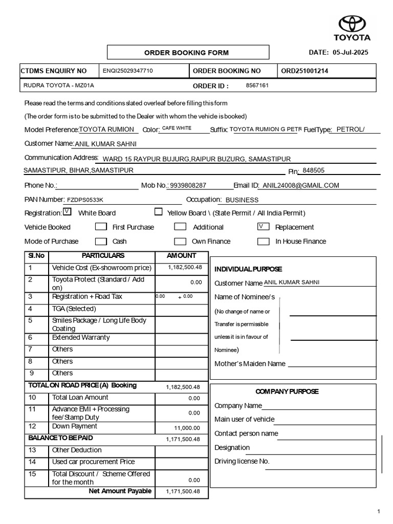 Toyota Vehicle Order Booking Form | PDF | Receipt | Cheque