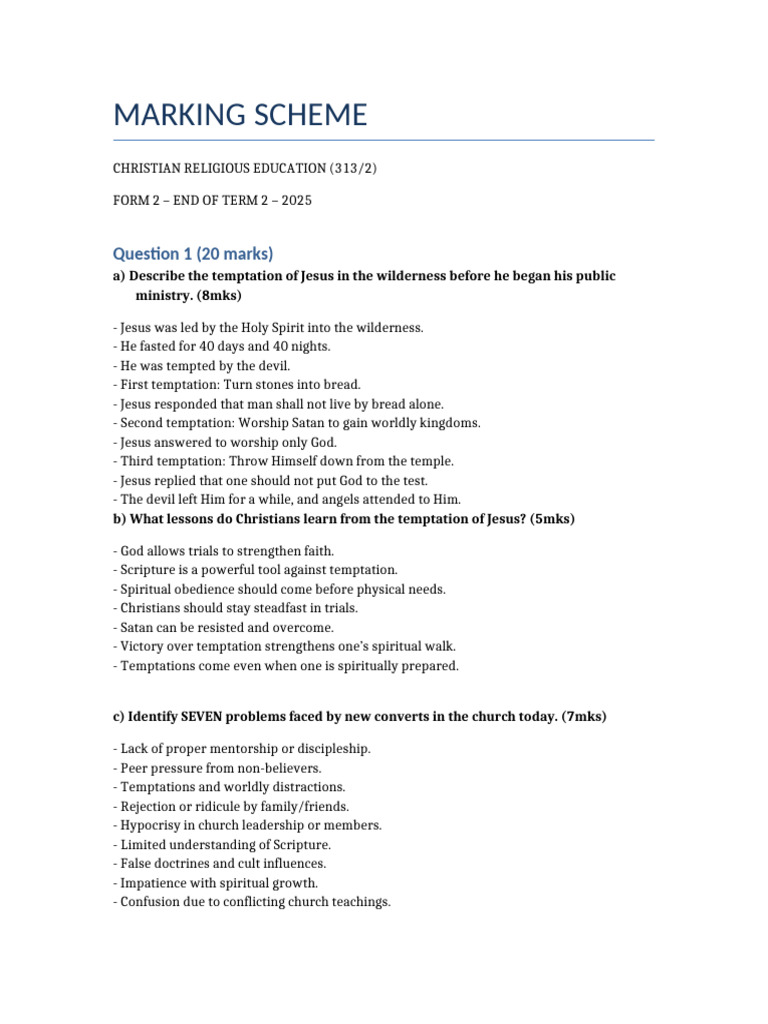 Cre End Term 2 Form 2 2025 - Marking Scheme | PDF | Jesus | Disciple ...