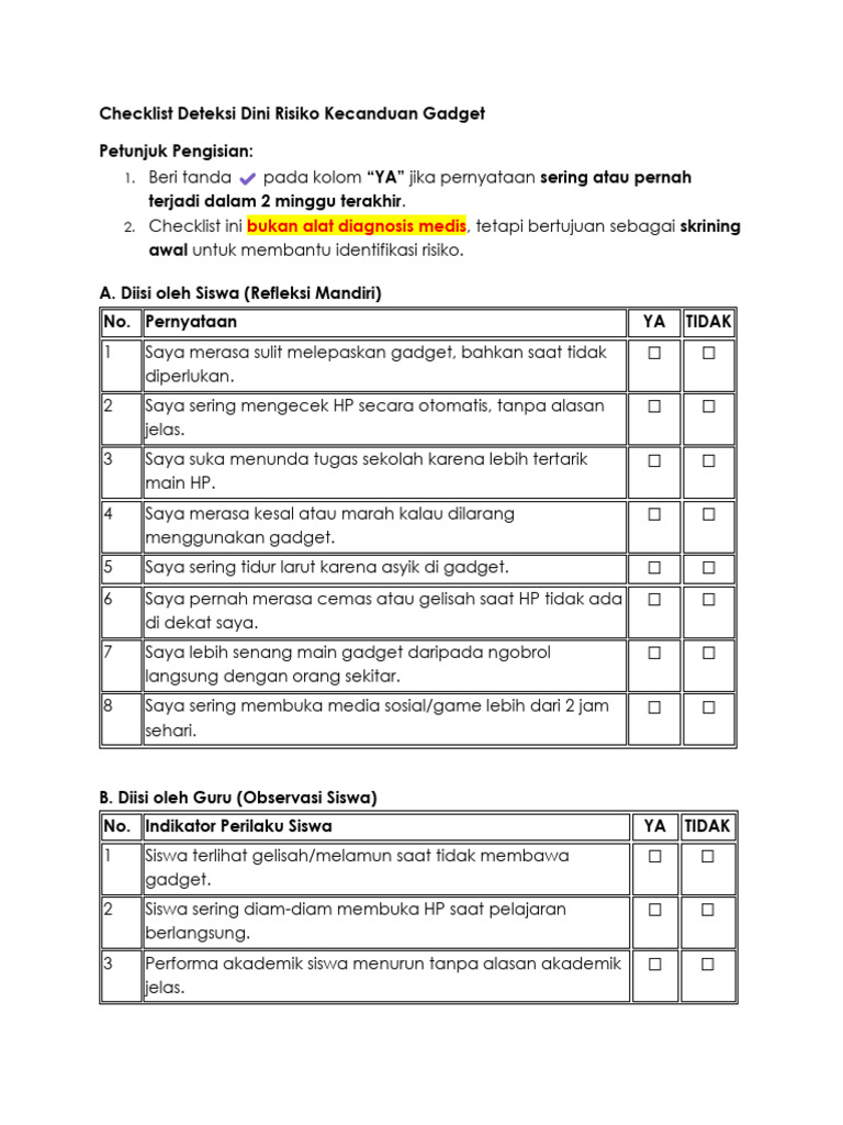 Checklist Deteksi Dini Risiko Kecanduan Gadget | PDF