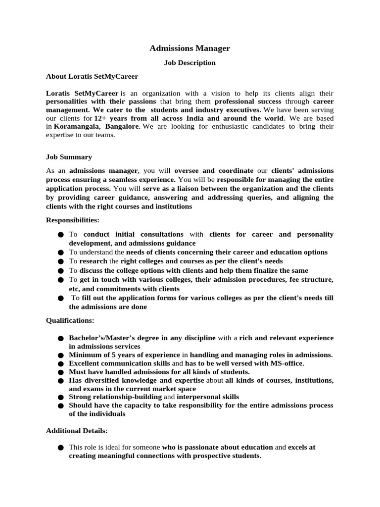 Admissions Manager JD | PDF