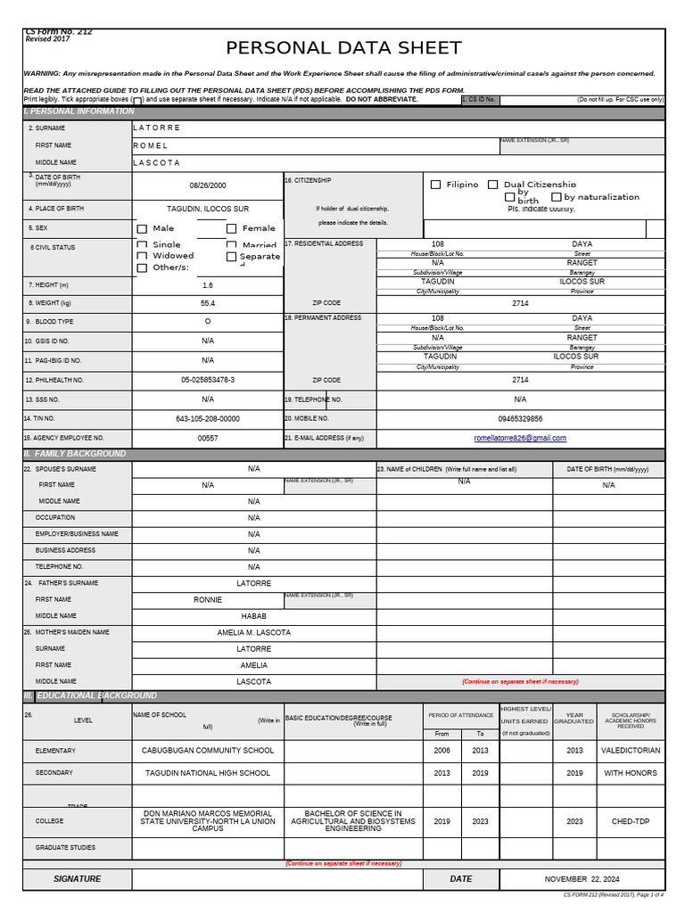 CSC Personal Data Sheet PDS 2017 | PDF | Government