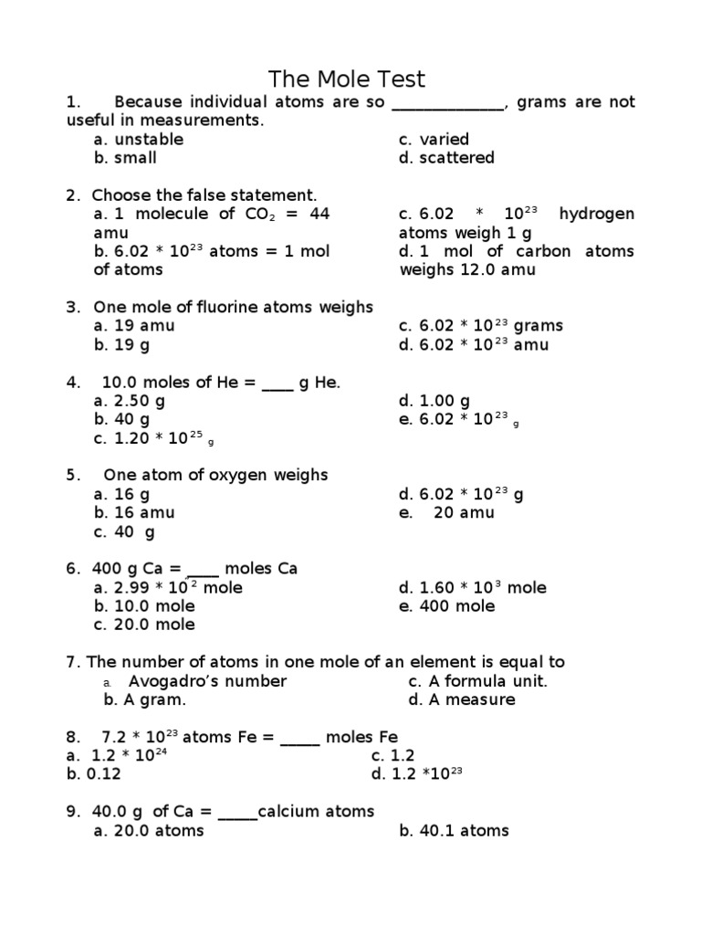 Mole Concept Test and Worksheet | PDF | Mole (Unit) | Nature