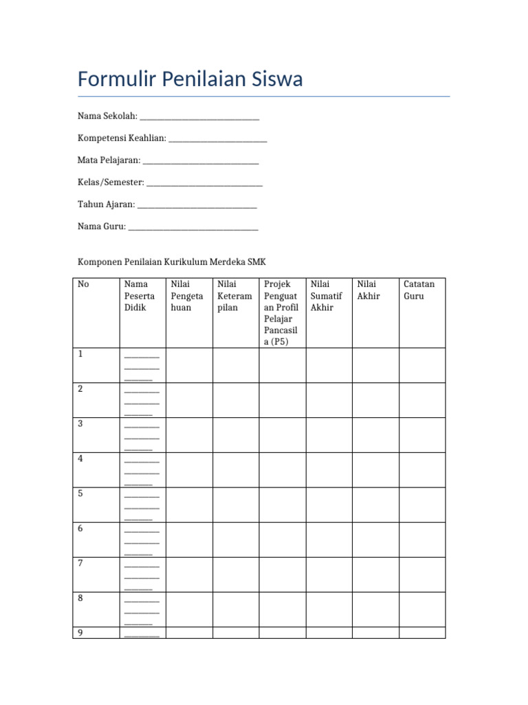 Formulir Penilaian SMK Kurikulum Merdeka | PDF