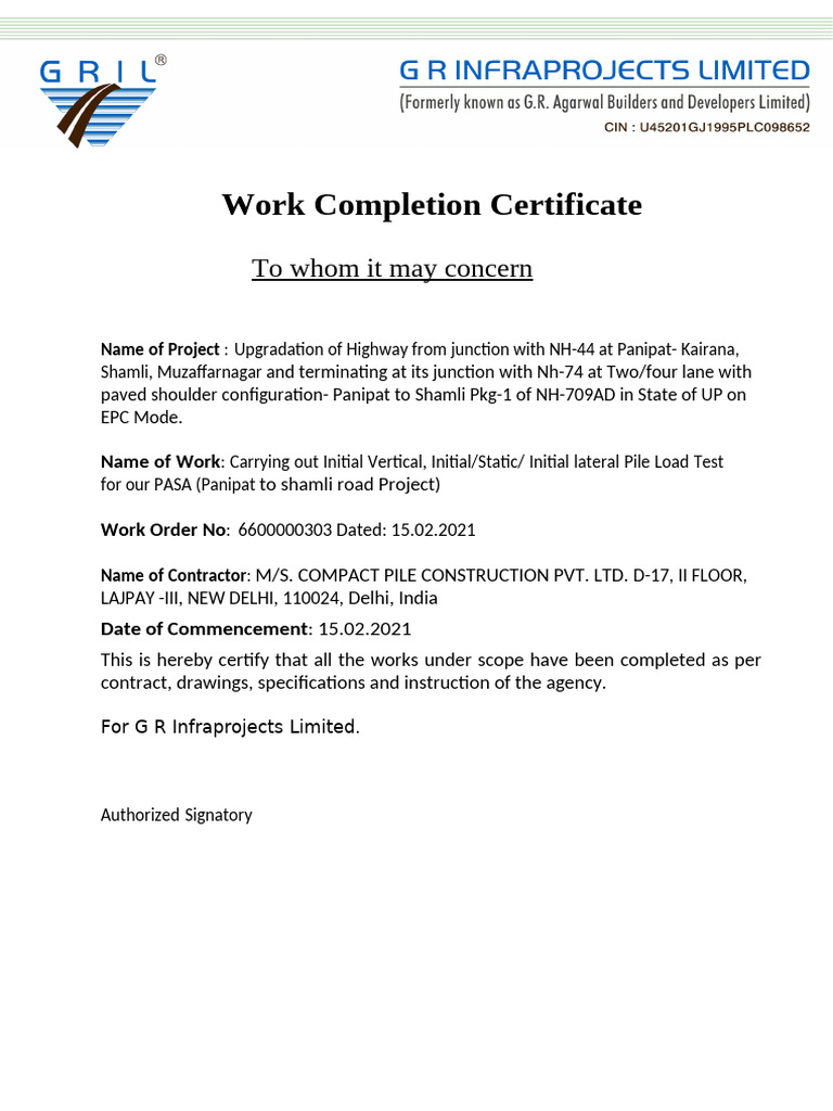Work Completion Certificate for Highway Project | PDF
