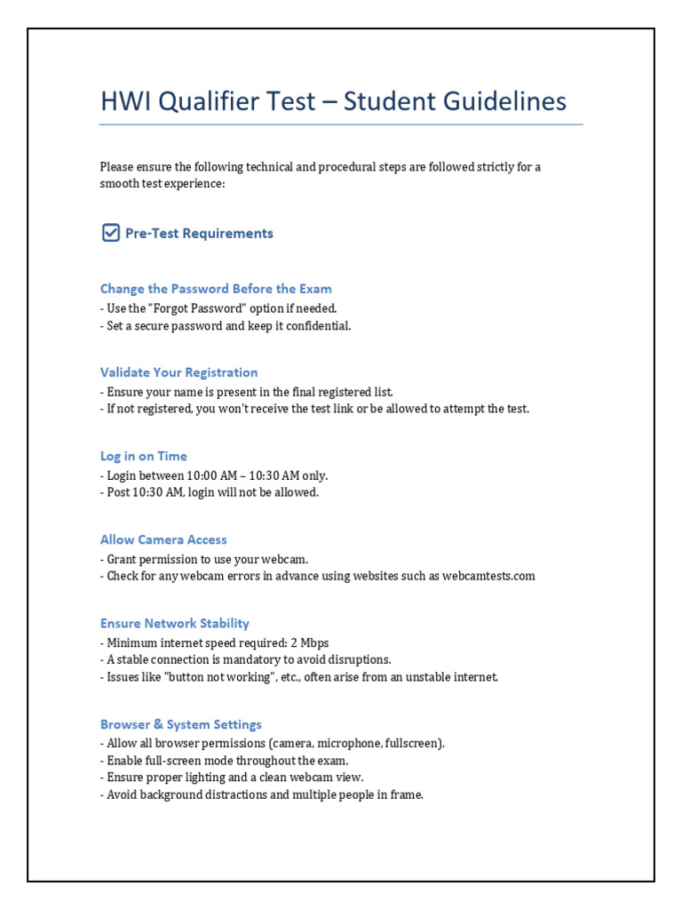 HWI Qualifier Test Guidelines | PDF