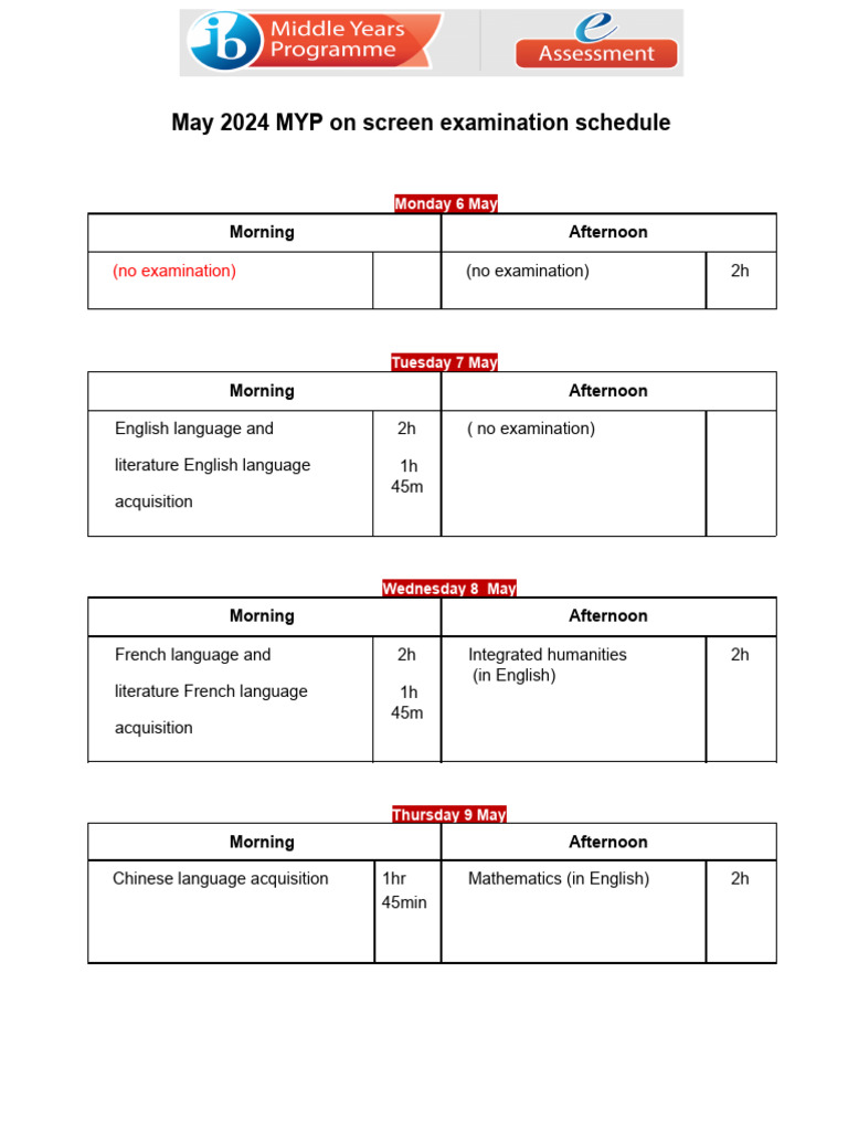 May 2024 MYP Exam Schedule | PDF