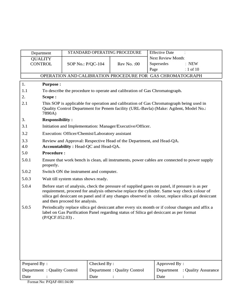 Gas Chromatograph Calibration SOP | PDF | Gas Chromatography