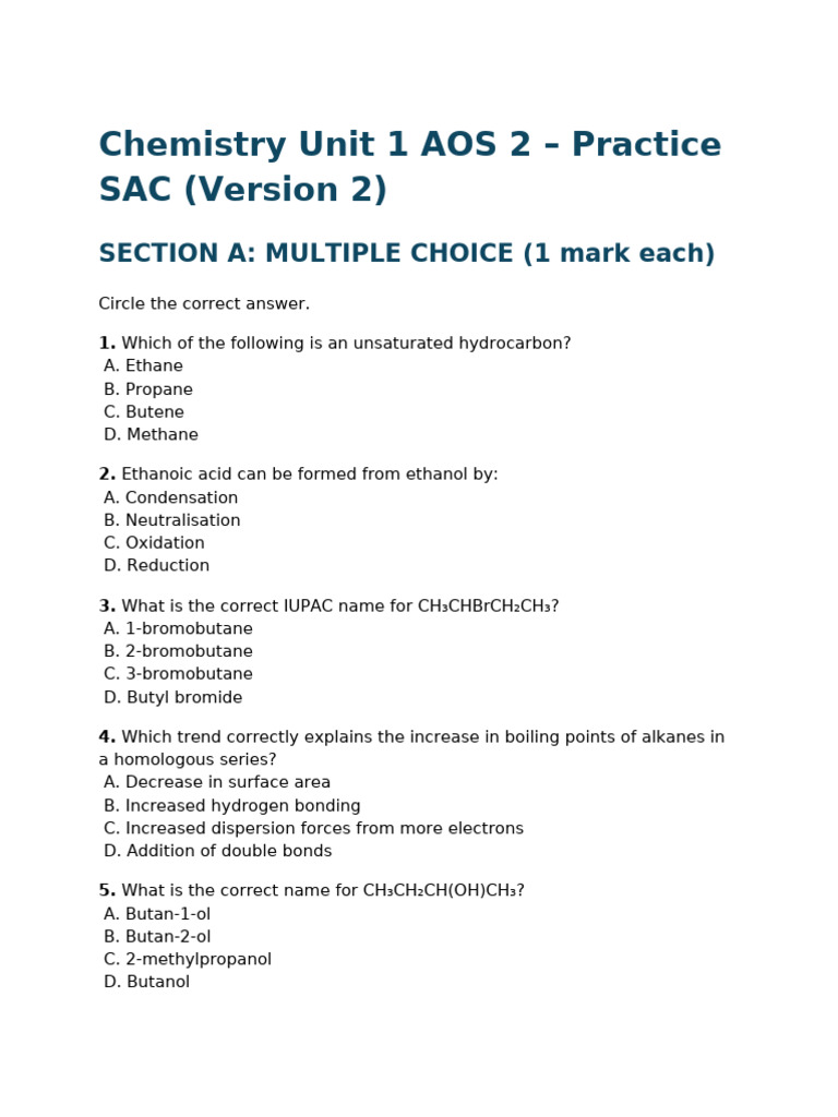 Chemistry Unit 1 AOS 2 Practice SAC | PDF | Alkane | Alkene