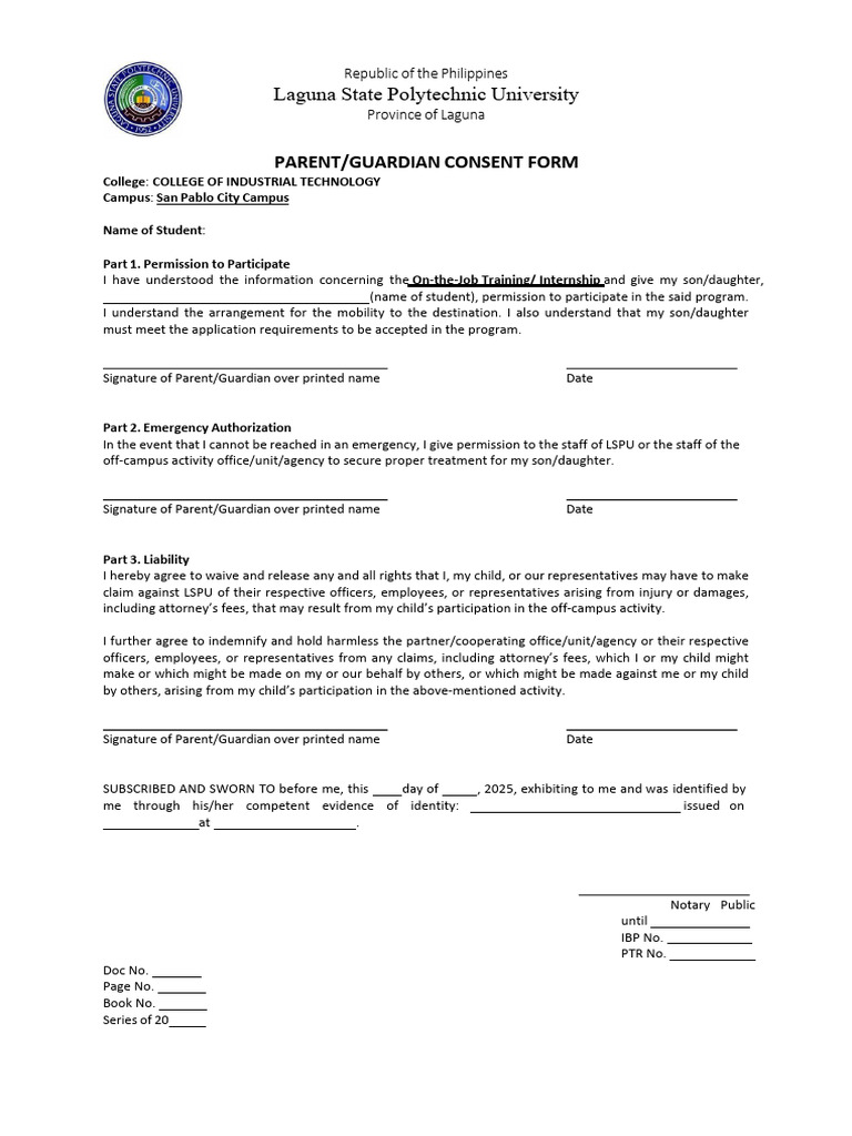 Parent Consent Form - Ojt Internship | PDF | Civil Law (Legal System) | Private Law
