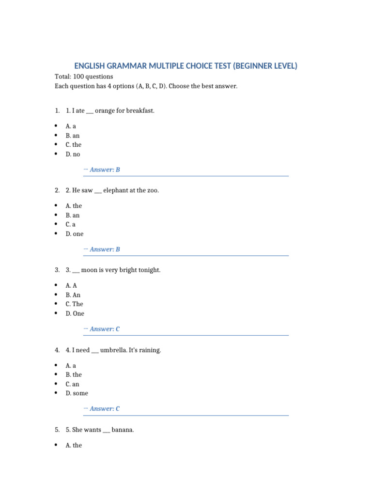 English Grammar MCQ Test | PDF | Verb | Adjective