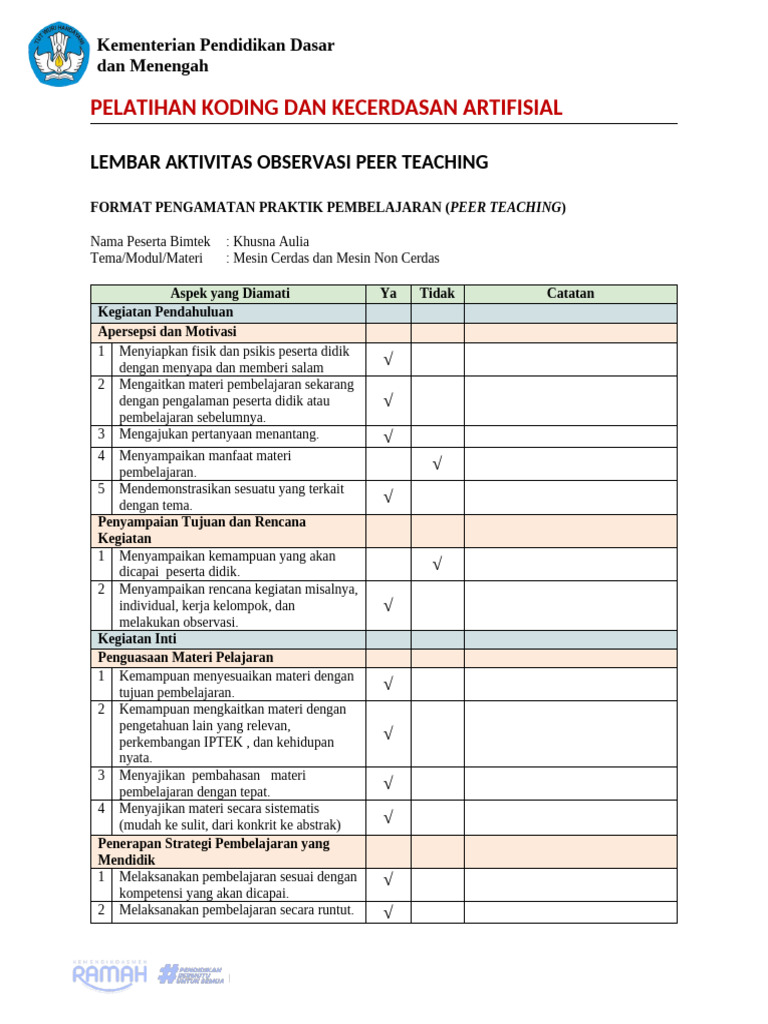 Khusna Aulia - Format Observasi Pembelajaran - Real Teaching | PDF