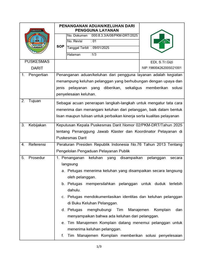 Sop Penanganan Aduan Keluhan Dari Pengguna Layanan | PDF