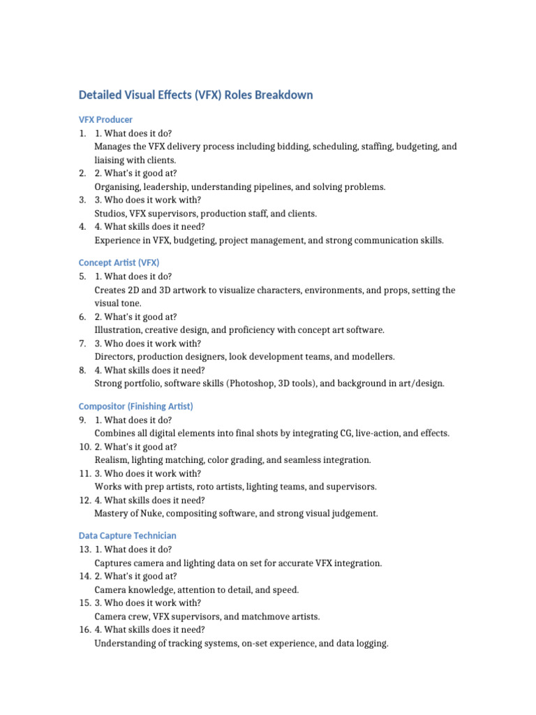 Detailed VFX Roles ScreenSkills | PDF