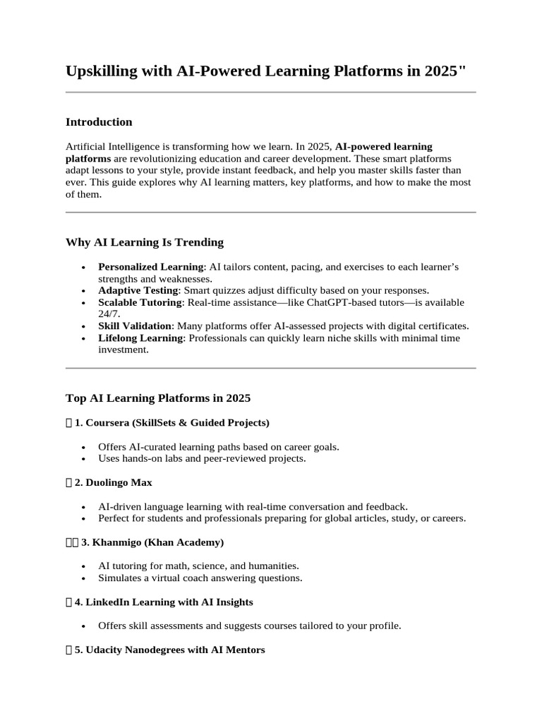 Upskilling With AI-Powered Learning Platforms in 2025 | PDF | Artificial Intelligence ...