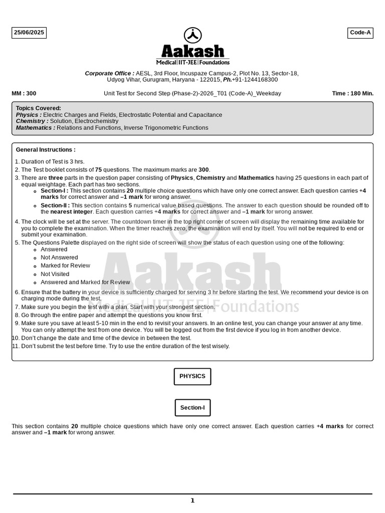 UT For SS (Phase-2) - 2026 - T01 (Code-A) - Weekday - 25-06-2025 | PDF ...