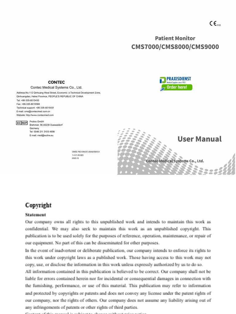 Contec Cms Patient Monitor 7000 User Manual | PDF | Electrostatic Discharge | Monitoring (Medicine)