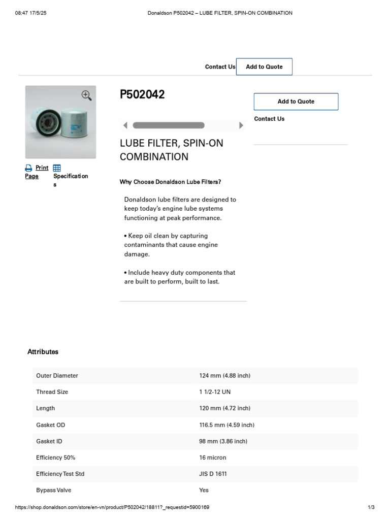 Donaldson P502042 Spin-On Lube Filter | PDF | Lubricant | Mechanical ...