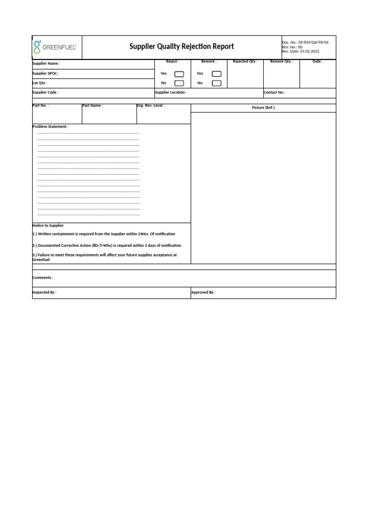 (GF EM QA FR 04) - Supplier Quality Rejection Report | PDF | Chess ...
