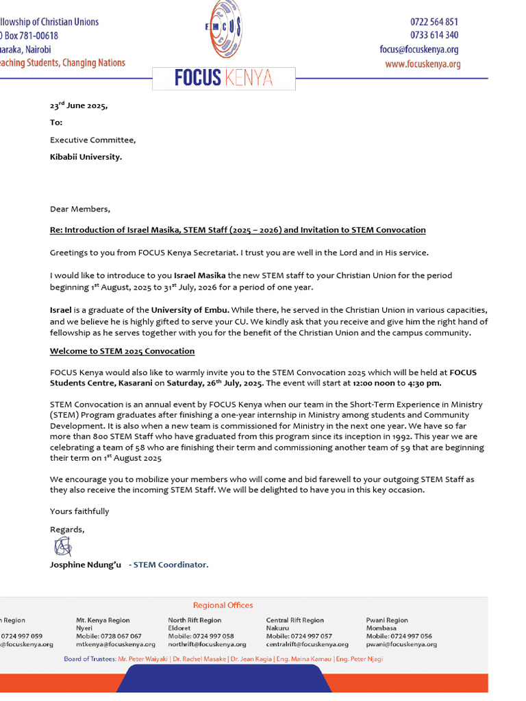 WR Kibabii University STEM Staff CU Introduction & Invitation To Convocation Letter | PDF