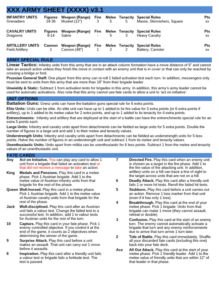 v3.1 XXX Template Army Sheet | PDF | Cavalry | Infantry