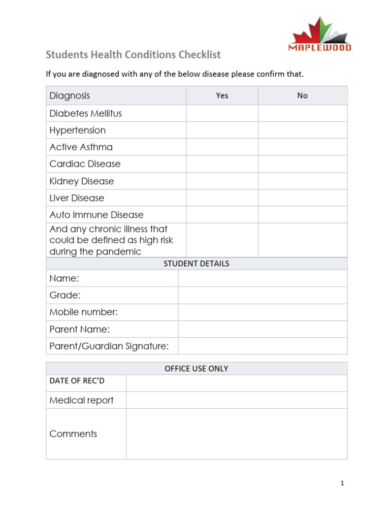 Students Health Conditions Checklist - Updated | PDF