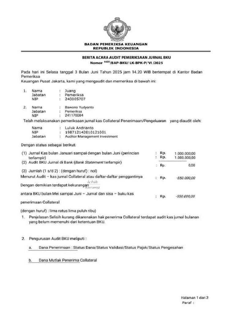 Copy Hasil Audit Jurnal BKU Collateral | PDF