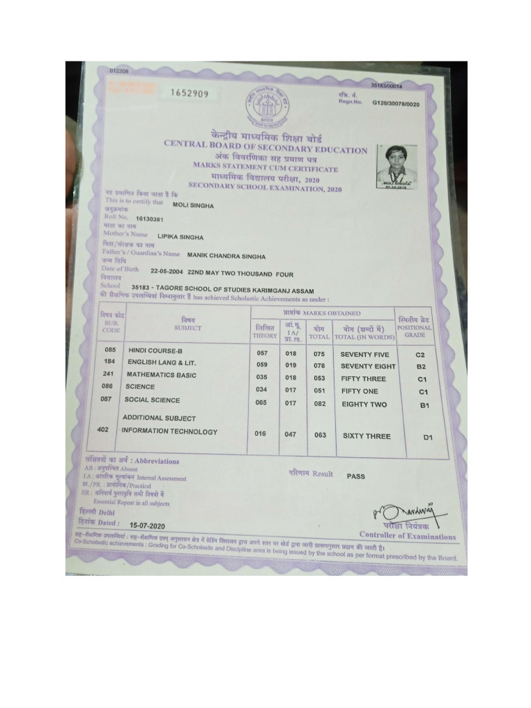 Class 10 Marksheet | PDF