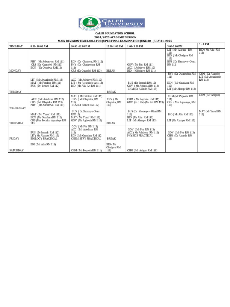 2025 Jupeb Final Examination Revision Timetable-1 | PDF