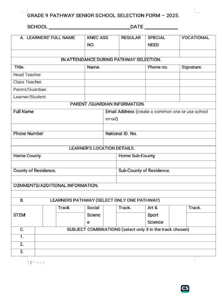 Grade 9 Selections Form | PDF