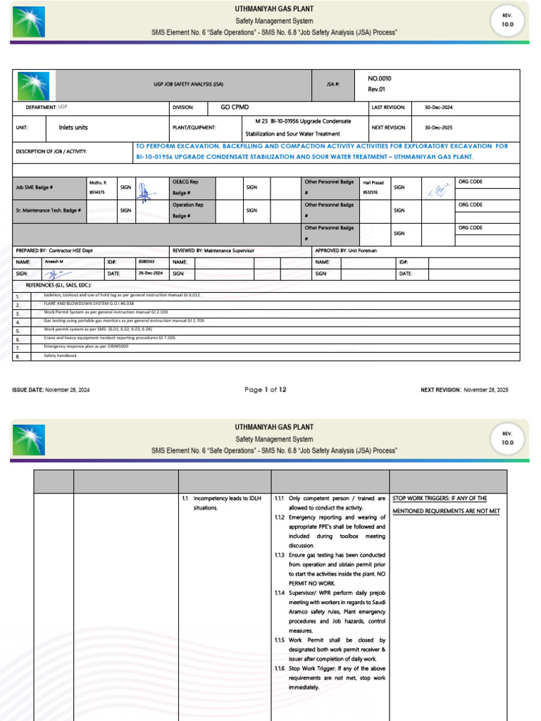 JSA-010 (REV-01) - Excavation Backfilling | PDF | Safety
