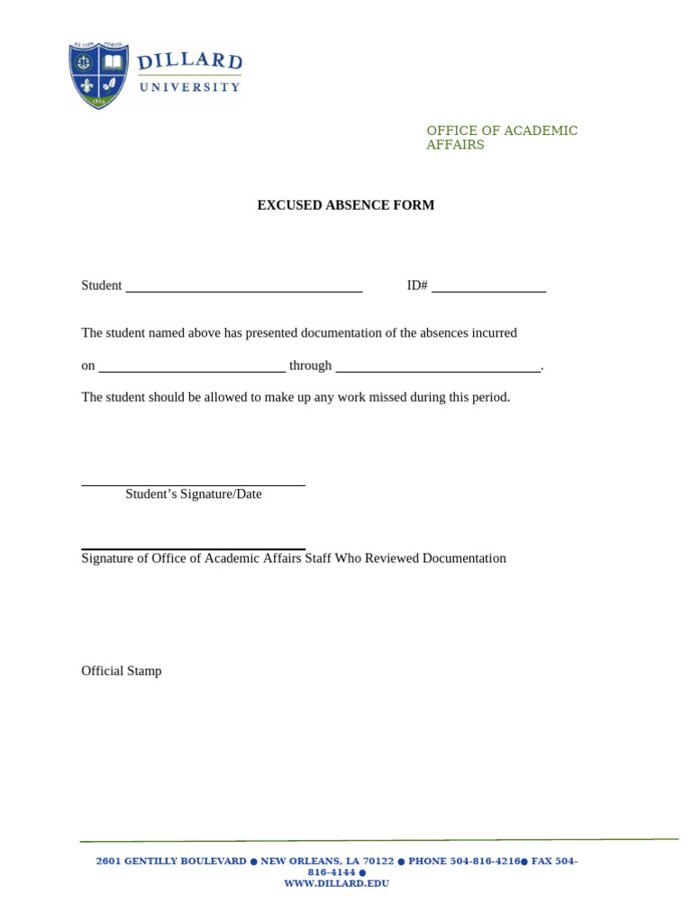 Excused Fillin Absence Form - Student - Send - Updated 2020 | PDF