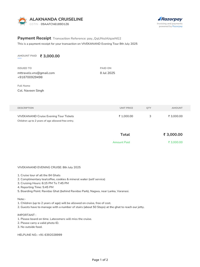 Receipt Pay - Qqunojajqzeng2 From Alaknanda Cruiseline (Paid) PDF | PDF