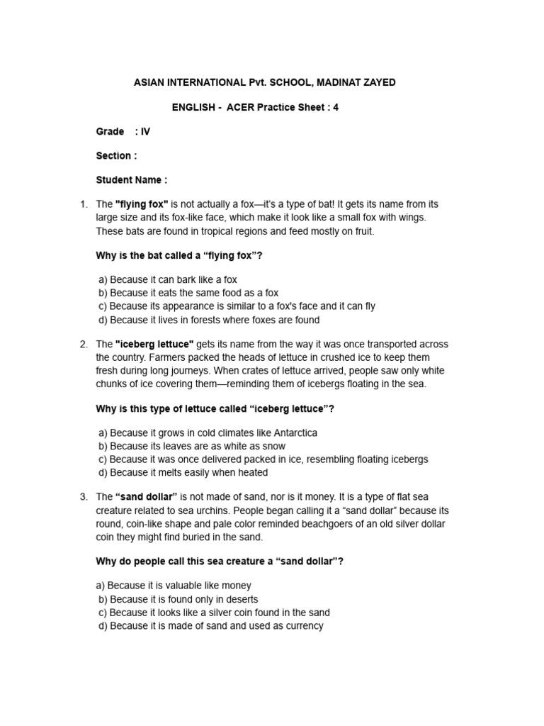 English ACER Practice Sheet-4 | PDF | Ice