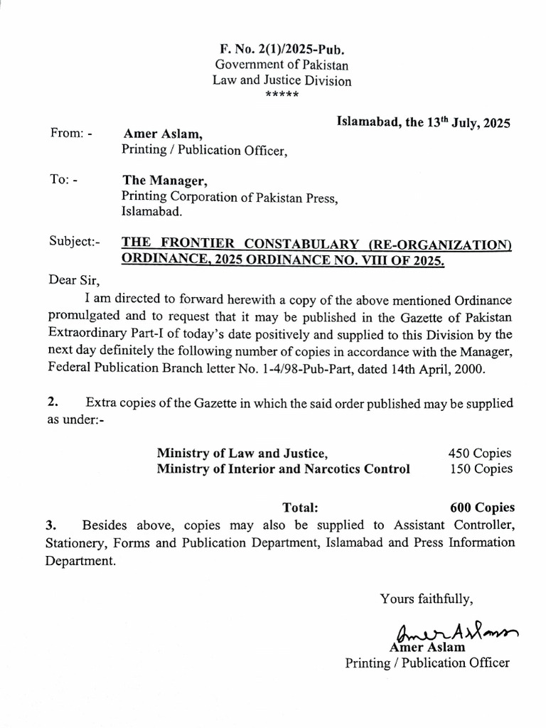 Frontier Constabulary (Re-Organization) Ordinance 2025 | PDF ...