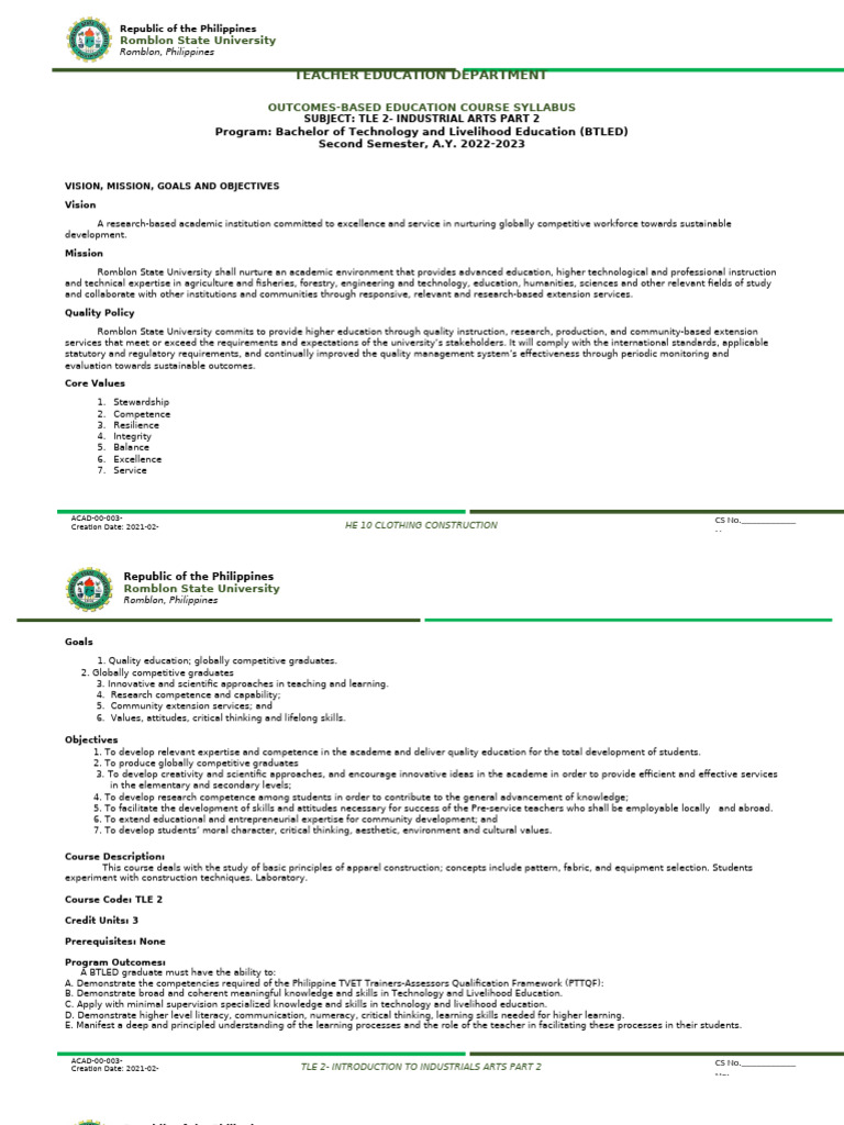 Industrial Arts Part 2 Syllabus Semestral 2022-2023 | PDF | Learning ...