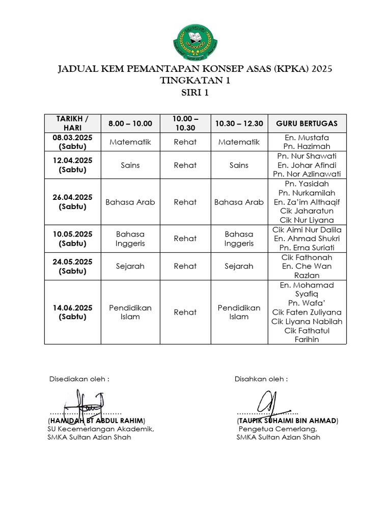 Jadual KPKA Siri 1 2025 | PDF