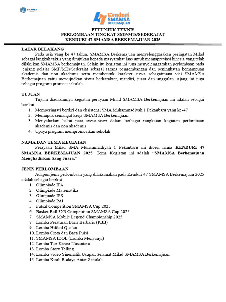 Juknis Perlombaan Kenduri 47 Smamsa Berkemajuan 2025 | PDF