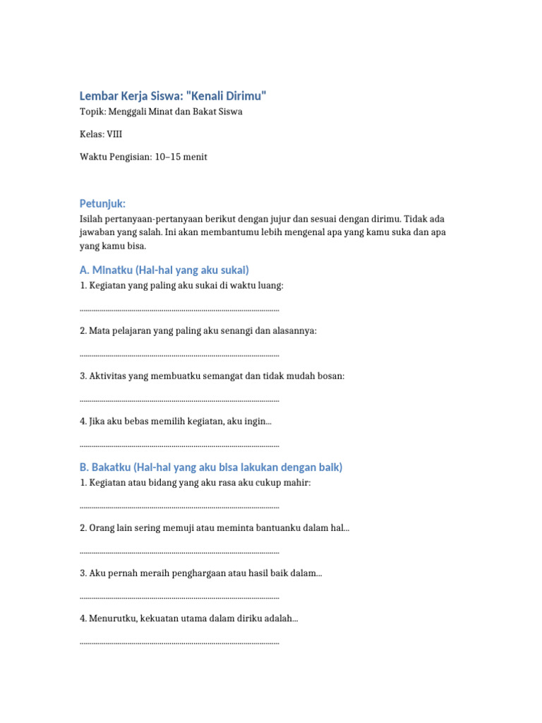 Lembar Kerja Kenali Dirimu Pdf