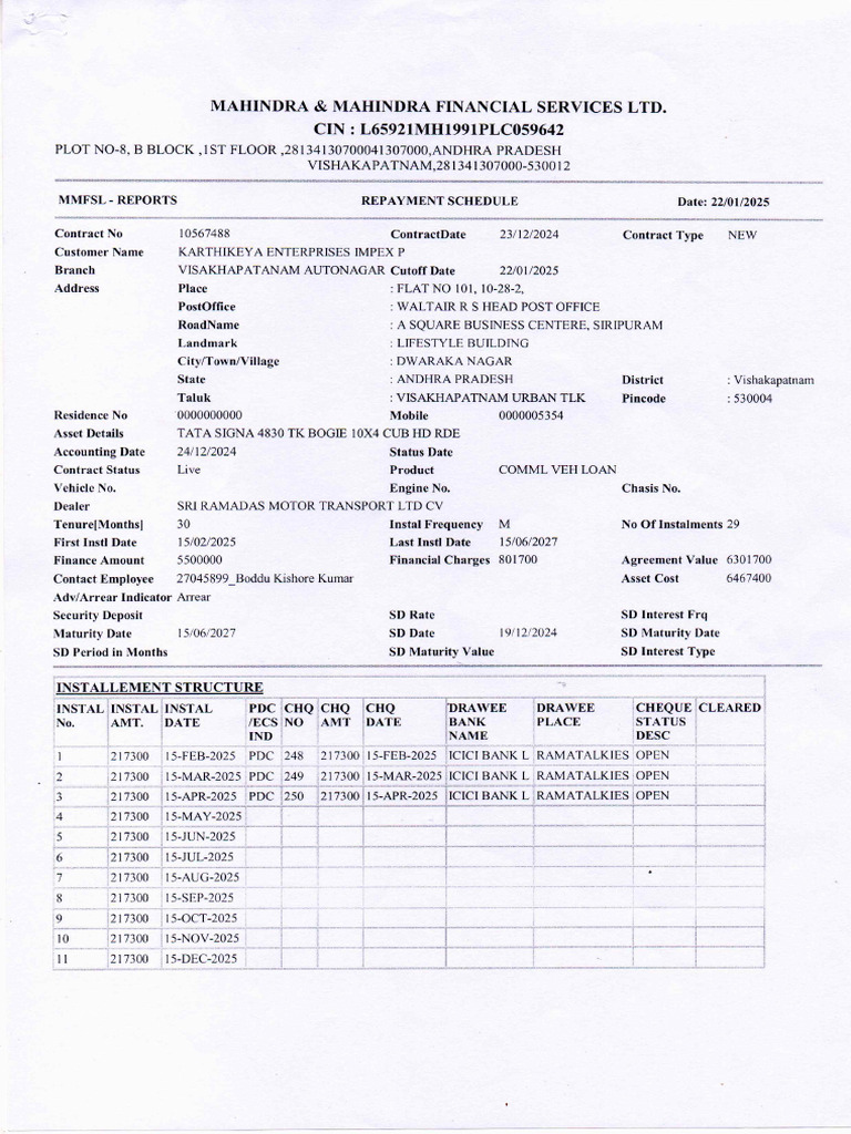 Mahindra Repayment Schedule 10567488 (Keipl) | PDF