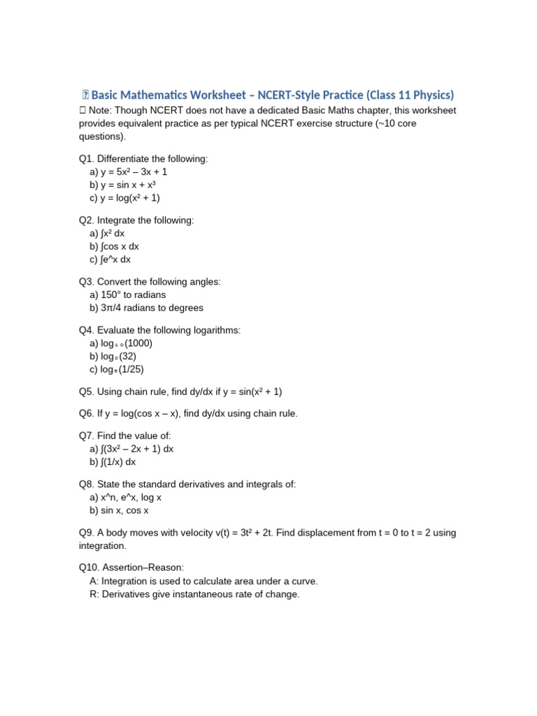 NCERT-Style Basic Math Worksheet | PDF