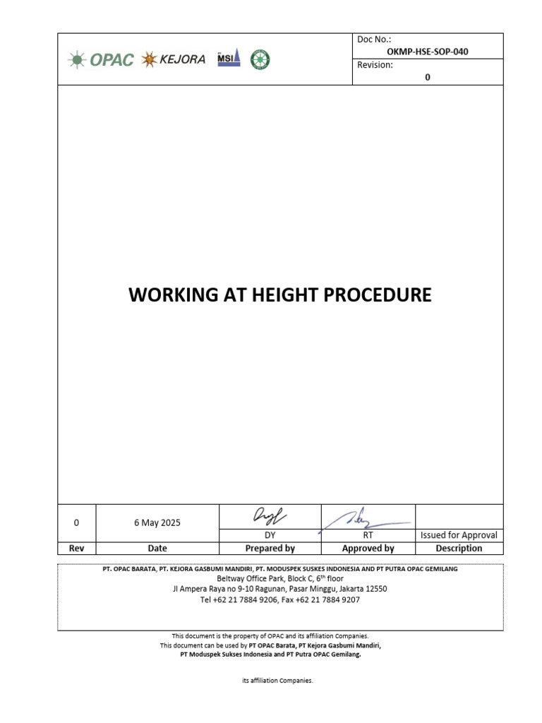 OKMP-HSE-SOP-040 Working at Height Procedure Rev.0 | PDF | Social Policy | Safety