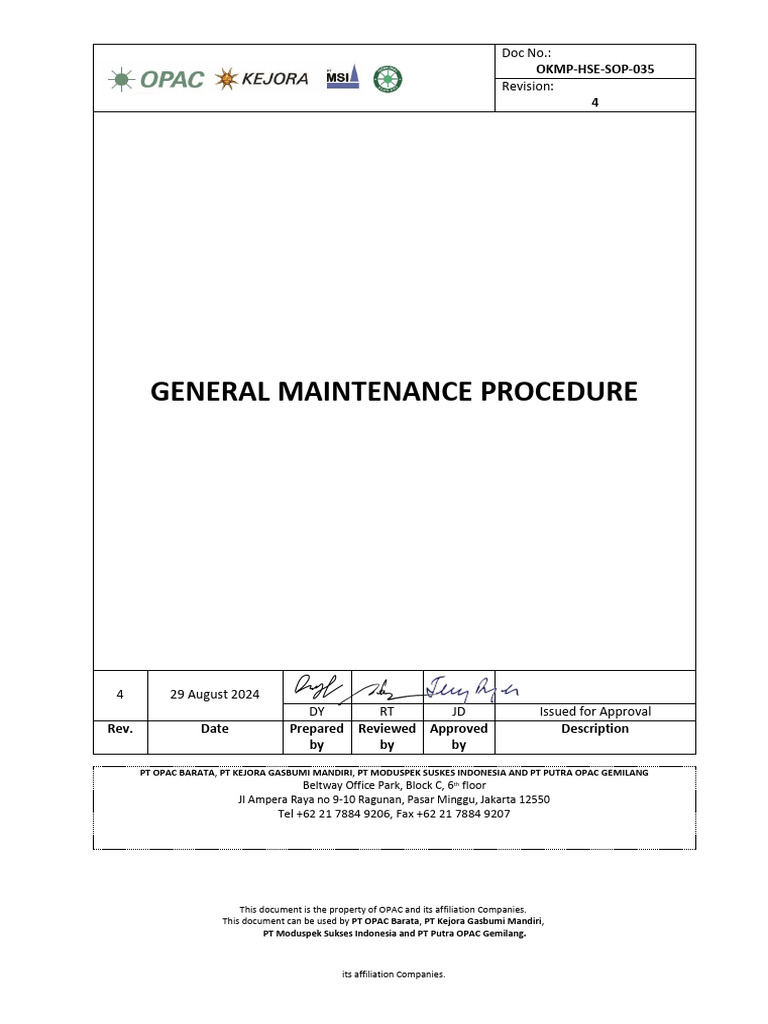 OKMP-HSE-SOP-035 General Maintenance Procedure Rev.4 | PDF