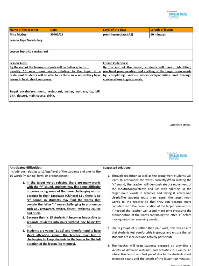 Jamie McGee Lesson Plan Attempt 2 | PDF | Waiting Staff | Vocabulary