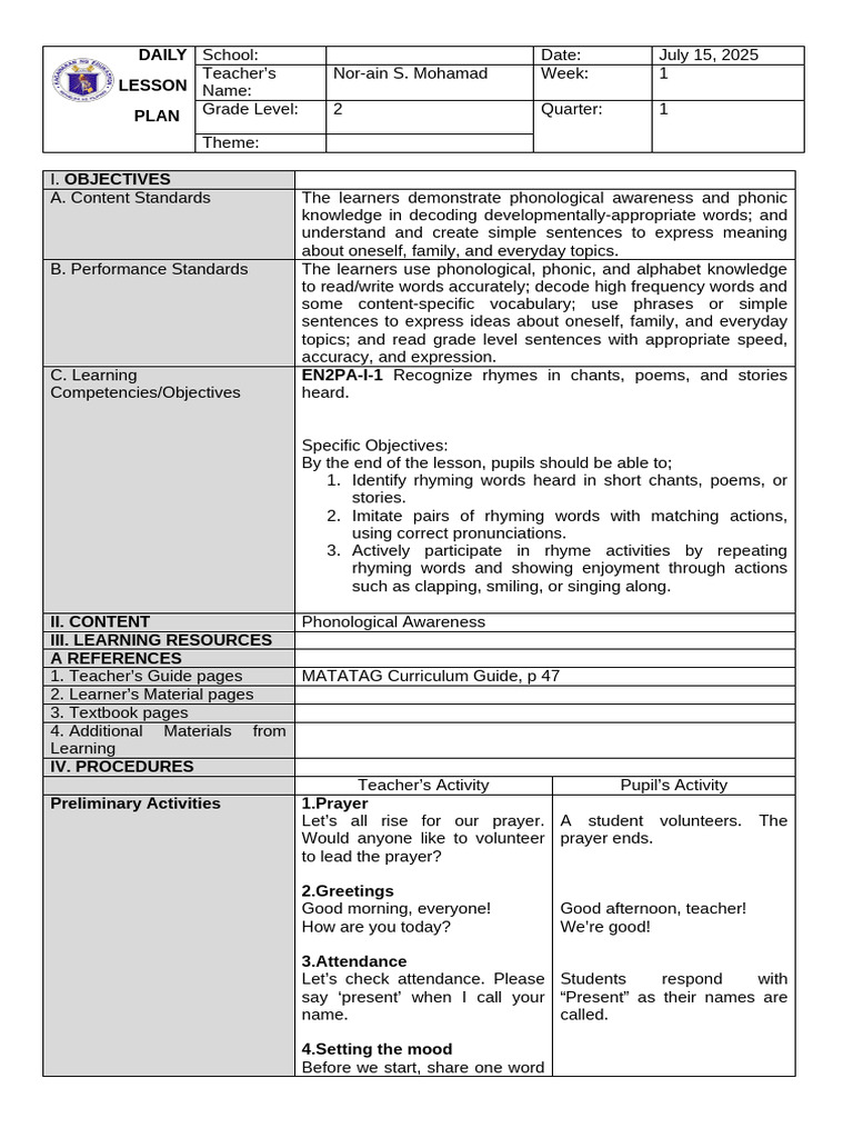 Lesson Plan Week 1 3 | PDF | Human Communication | Learning
